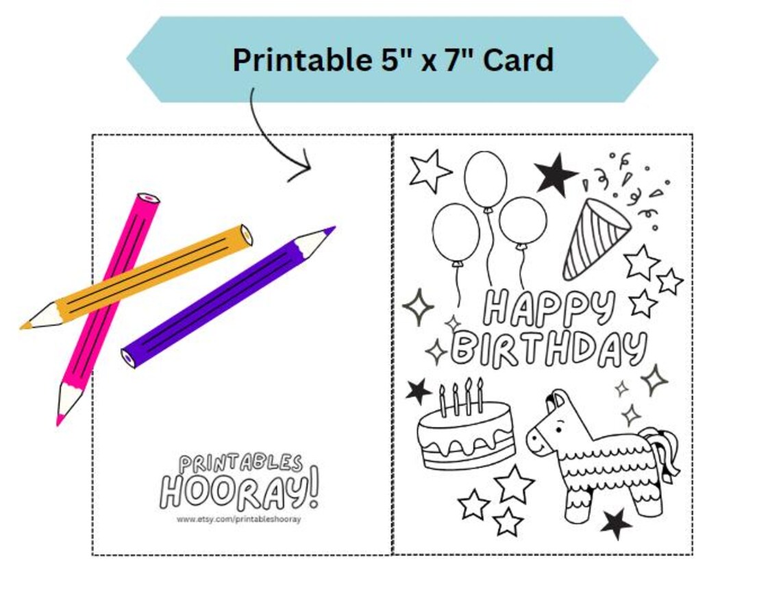 Printable Happy Birthday Colouring Card, Kids Coloring Card, Colour ...