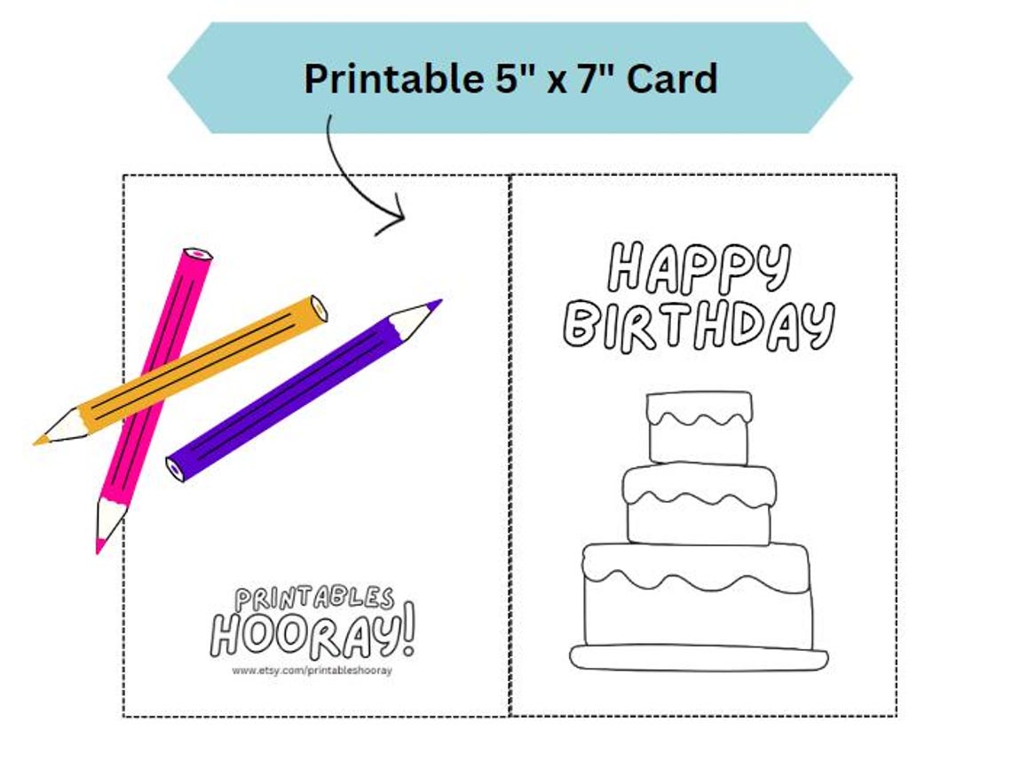 Printable Birthday Cake Colouring Card, Kids Coloring Card, Colour ...