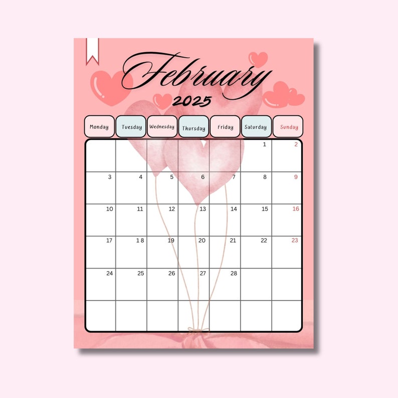 Printable February 2025 Calendar vertical/portrait, Digital Download ...