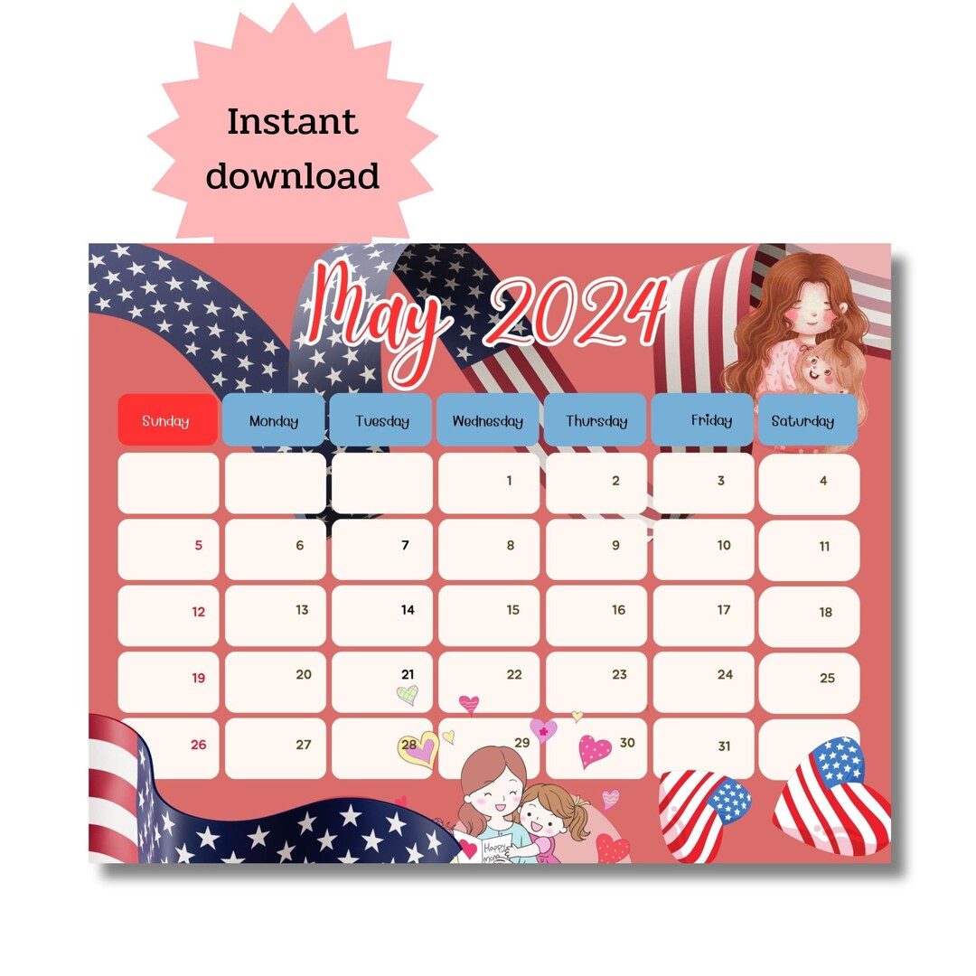 Printable May 2024 Calendar , Calendar May 2024 horizontal Digital ...