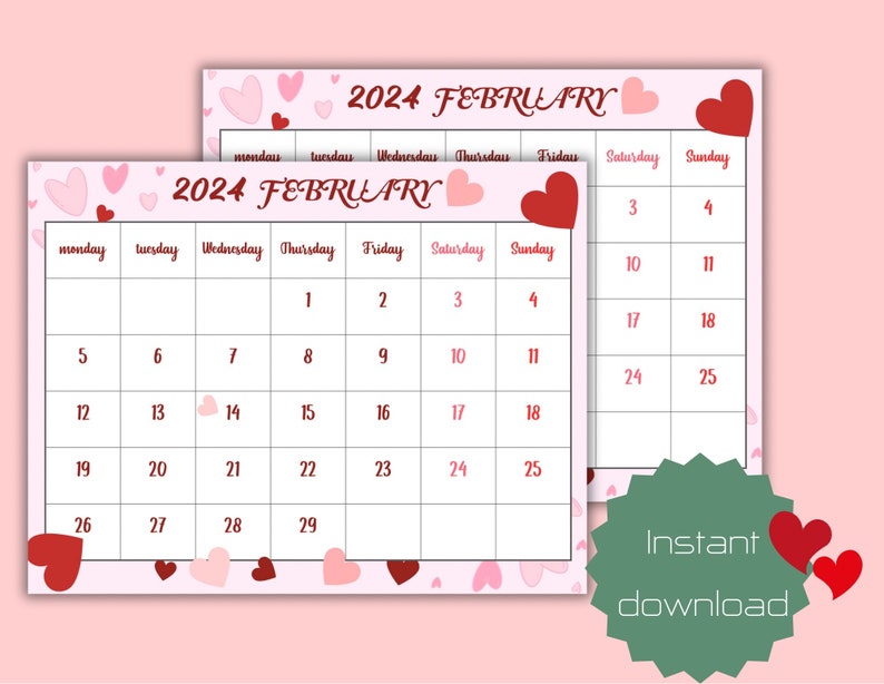 Printable February 2024 Monthly Calendar, Digital Download, Monthly ...
