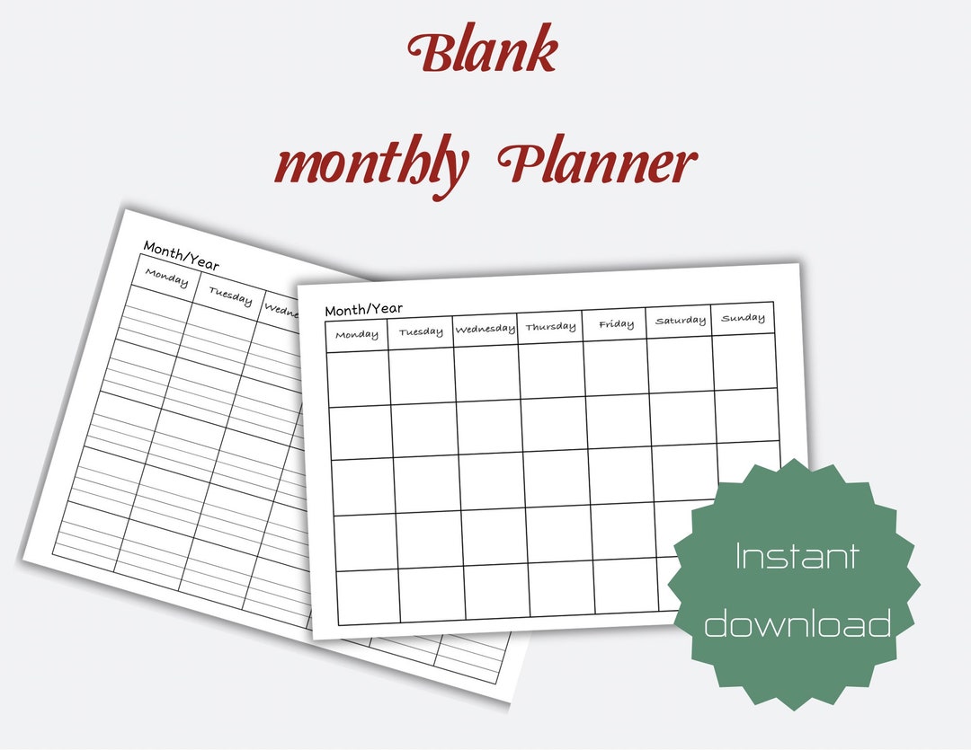Printable Blank Monthly Planner, Digital Download, Undated Monthly ...
