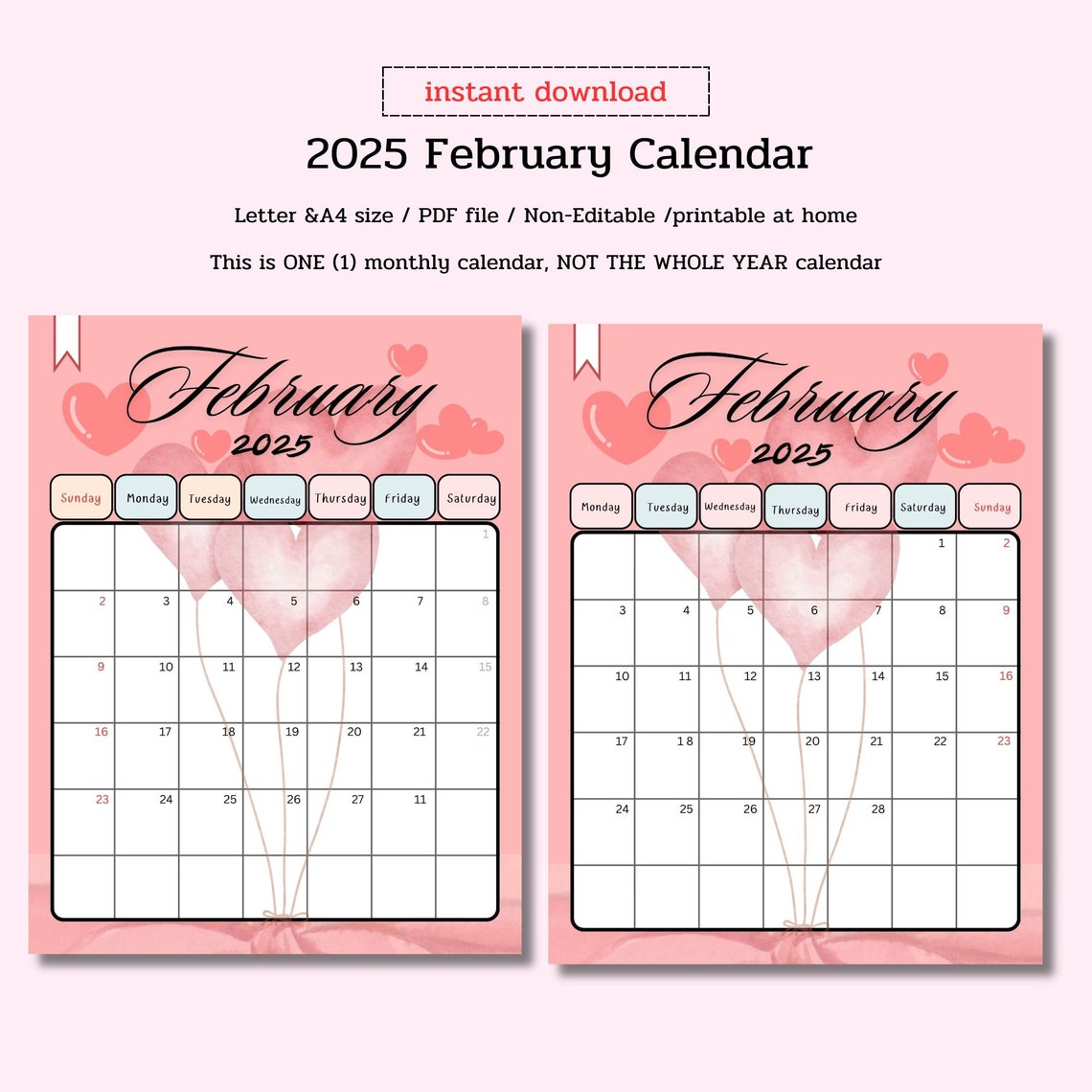 Printable February 2025 Calendar vertical/portrait, Digital Download ...