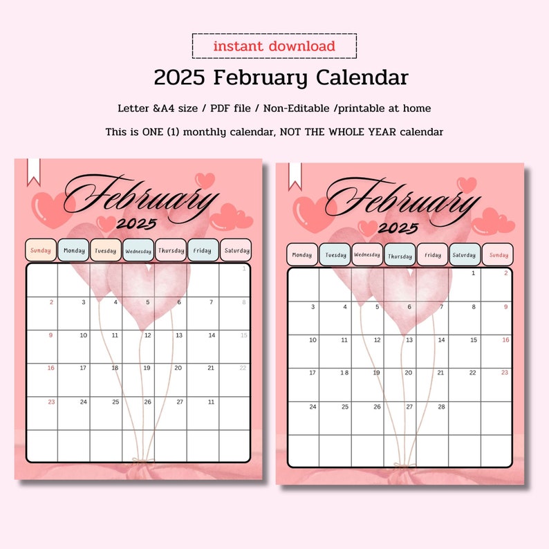 Printable February 2025 Calendar vertical/portrait, Digital Download ...