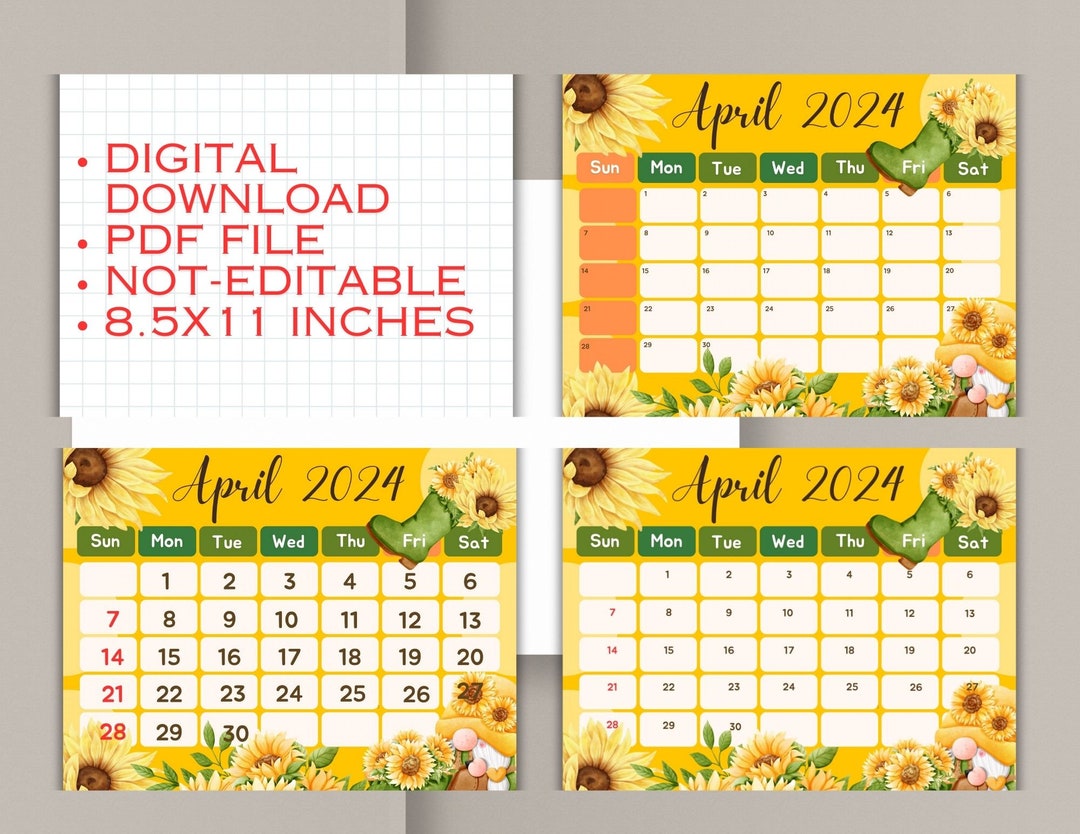 Printable April 2024 Calendar, Calendar 2024, Digital Download, Monthly ...