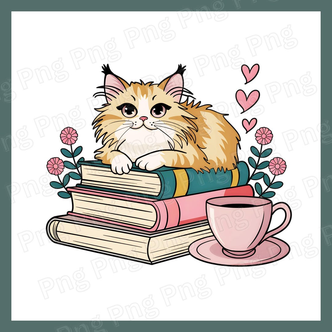 Cat With Books Png Reading Cat Png Cat Mom Png Book Lover Png Fluffy ...