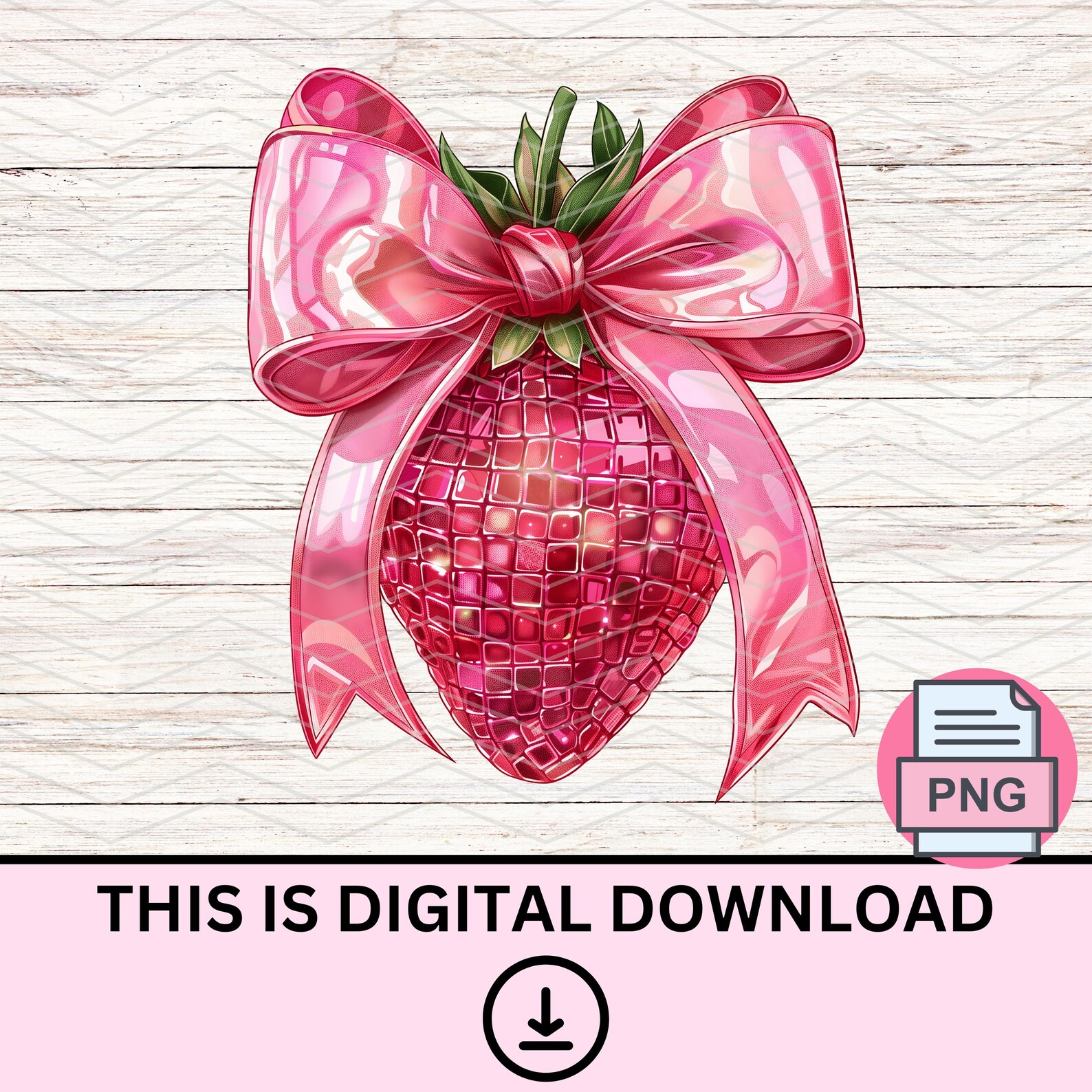 Pink Disco Strawberry With Bow PNG Disco Ball Coquette Shiny Bow Png ...