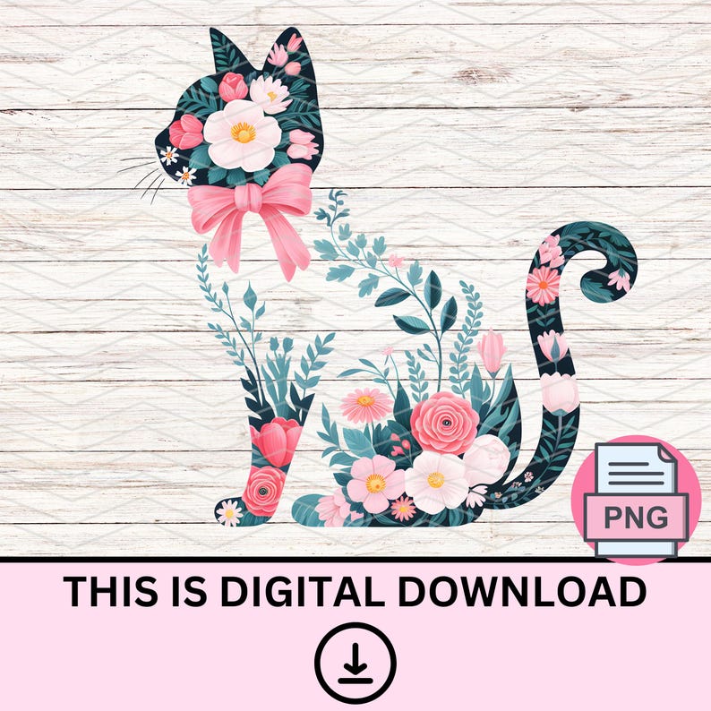 Floral Cat Png Cat Silhouette Png Cat With Bow Png Cat Lover Png Cat ...