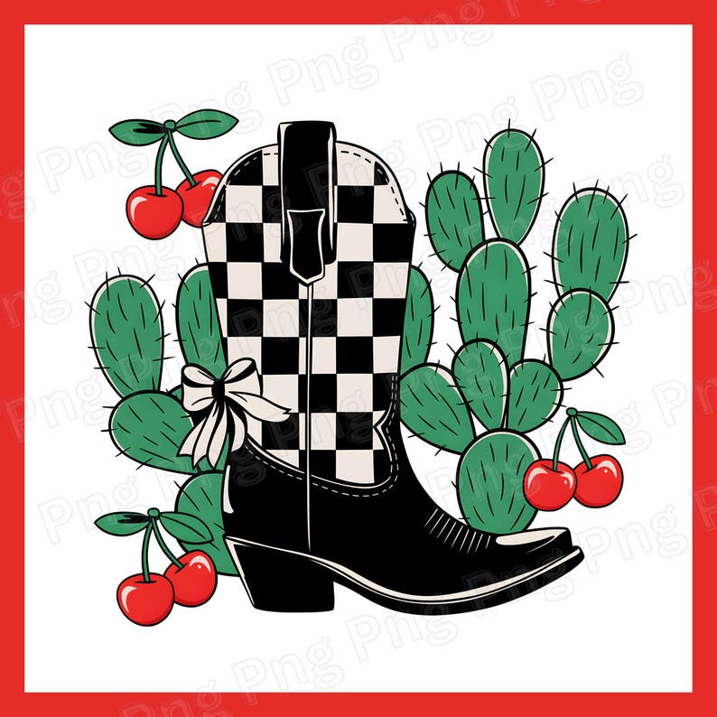 Western Checker Boot Png Cowgirl Png Cactus Png Cowgirl Boot Png Retro ...