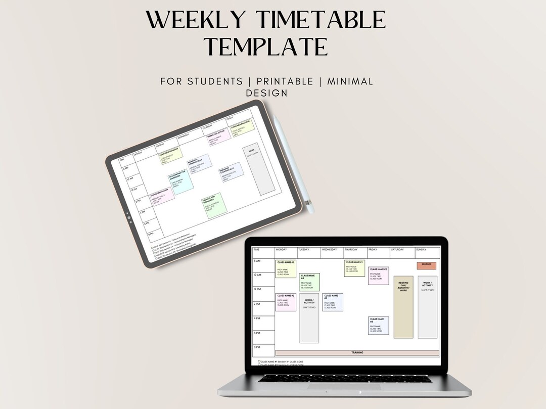 Online Weekly Timetable Template for Students, Instant Download ...