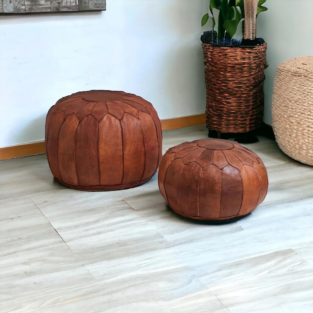 Ottoman Leather Pouf, Moroccan Dark Brown Leather Pouf, Round Living ...
