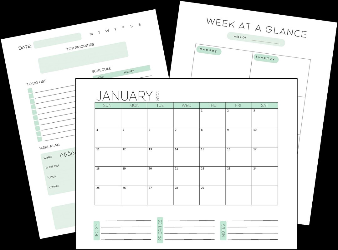 Mint Green Printable Monthly Planner Calendar, Weekly Schedule, Daily ...