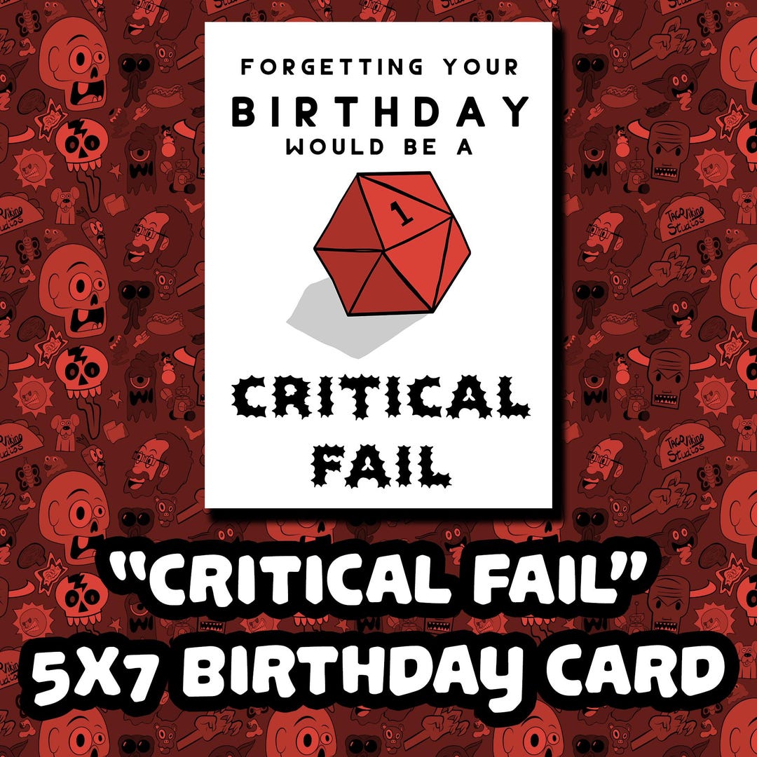 D20 Critical Fail Birthday Card Funny Tabletop RPG Greeting Card - Etsy