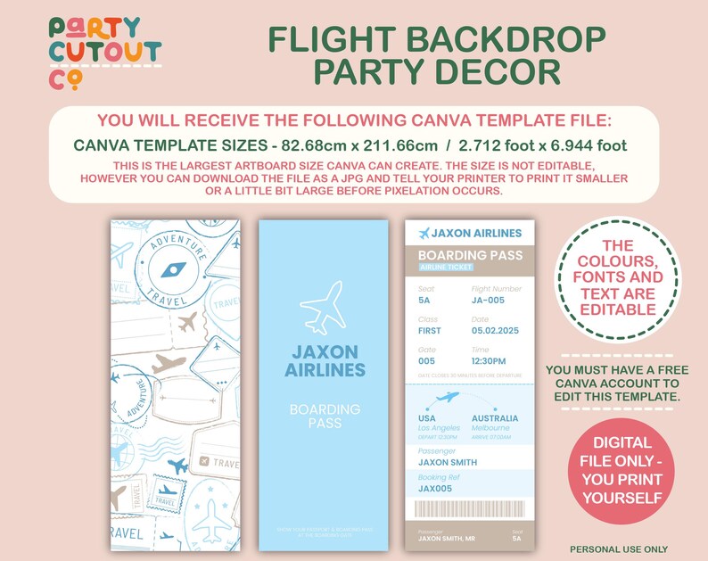 BIG BACKDROP Blue Brown Boarding Pass Backboard Travel Sign Plane Party ...