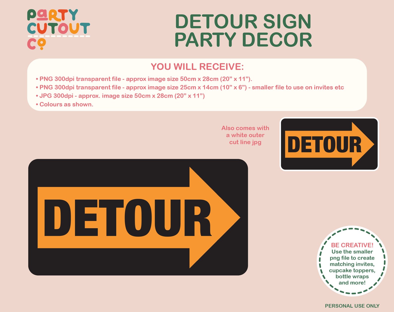 BIG CUTOUT SIGN Orange Detour Sign Construction Party Sign Truck Prop ...