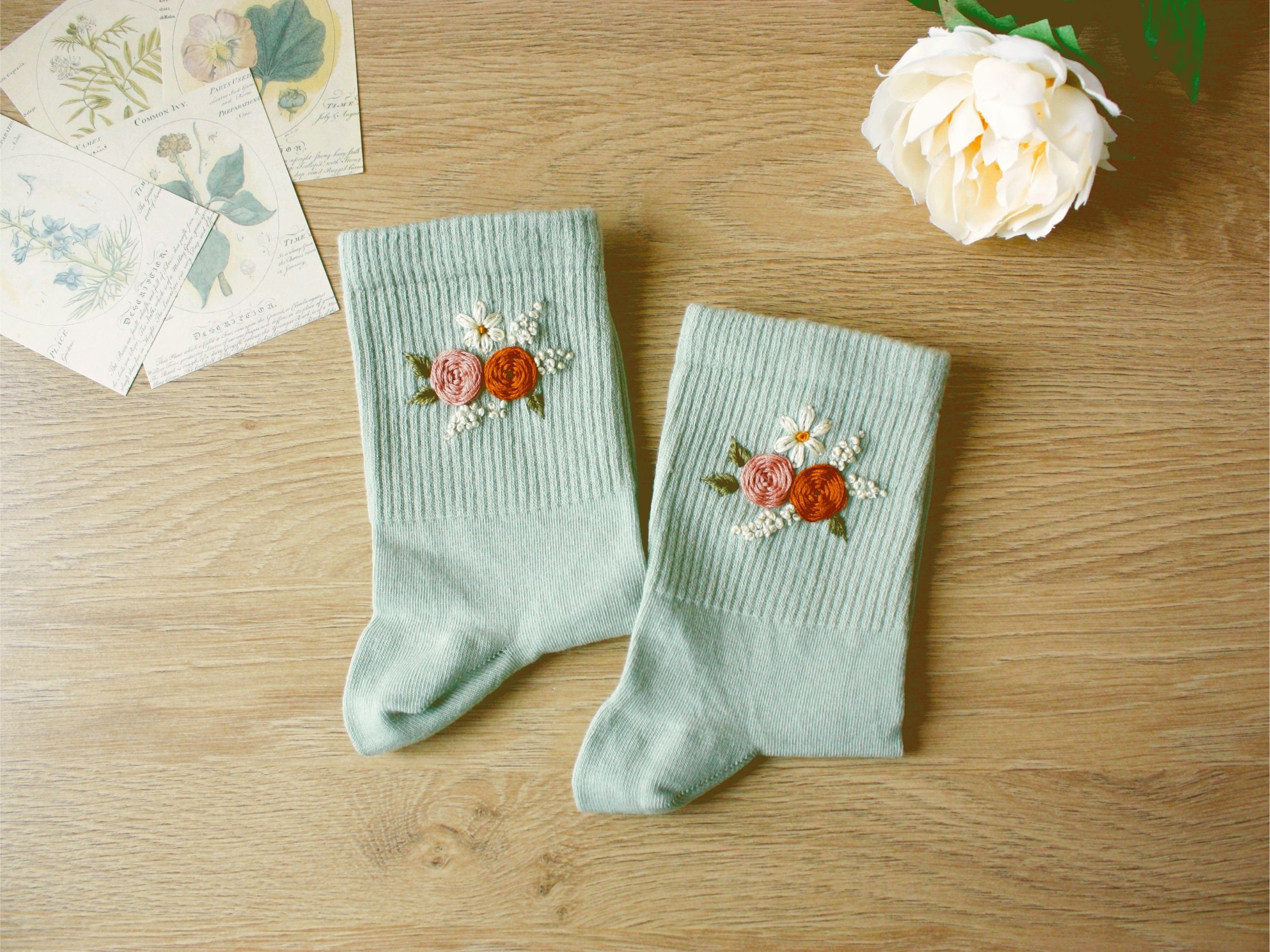 Embroidered Socks Sage Green Hand Embroidered Socks Vintage Fall Socks ...