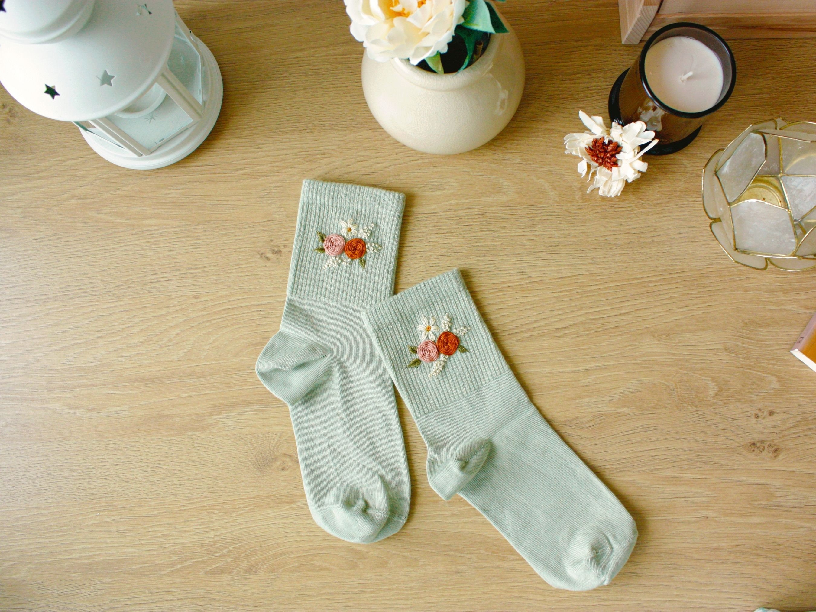 Embroidered Socks Sage Green Hand Embroidered Socks Vintage Fall Socks ...