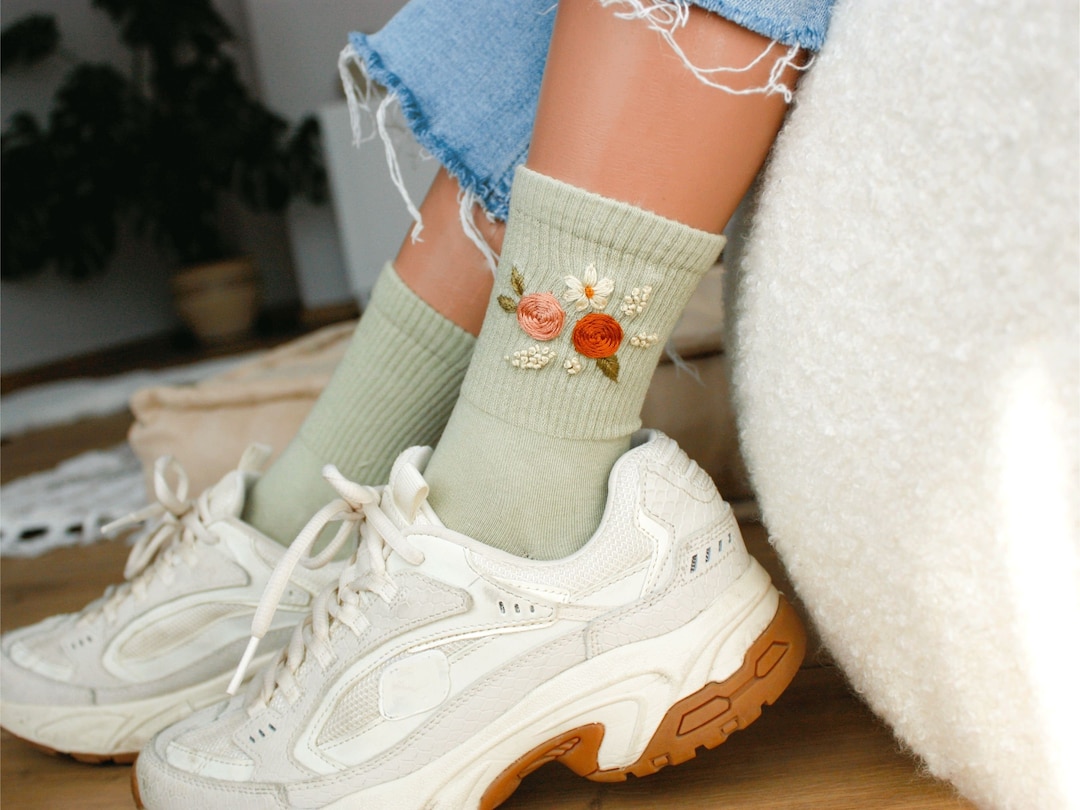 Embroidered Socks Sage Green Hand Embroidered Socks Vintage Fall Socks ...