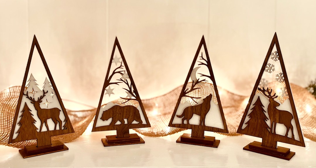 Handcrafted Two-tier Walnut Animal and Forrest Themed Stand up Trees ...