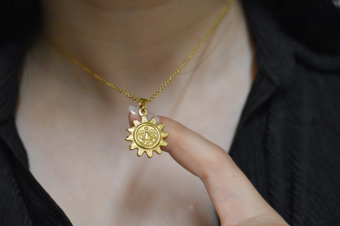 Gold Sun Necklace Helios God of Sun Solid Circle Shining Sun With Face ...