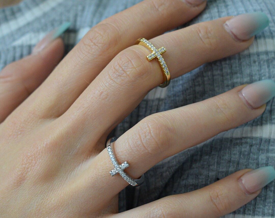 Cross Gold Ring, 14K Gold Finish Cross Rings Multi Stone Adjustable Ring Diamond Stocking Ring ...
