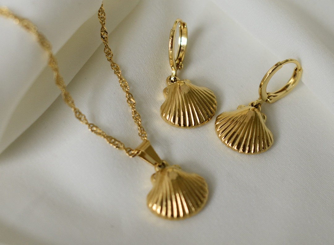 Seashell Jewelry Set, Gold Filled Seashell Necklace Hoop Earrings Set ...