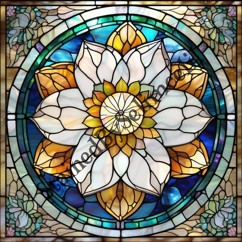 White Lotus Stained Glass Template, Stained Glass Pattern, JPG Format ...