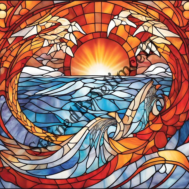 Wave and Sun Stained Glass Template, Stained Glass Pattern, JPG Format ...