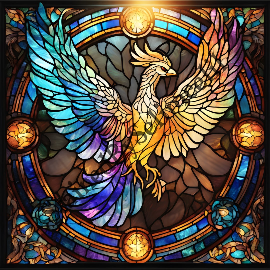 Phoenix Stained Glass Pattern: Colorful Bird Template (JPG Digital ...
