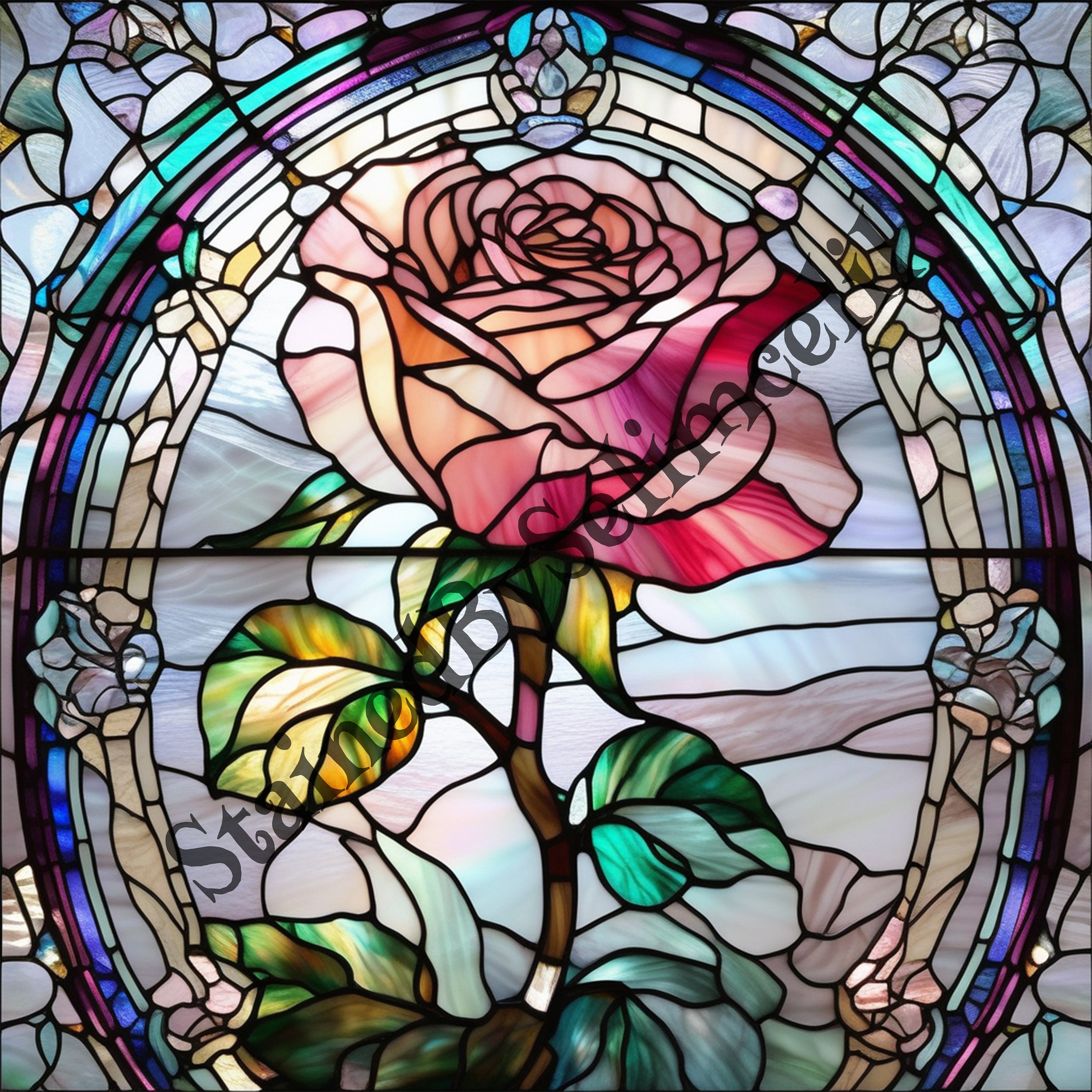 Pink Rose Stained Glass Template Stained Glass Pattern JPG - Etsy