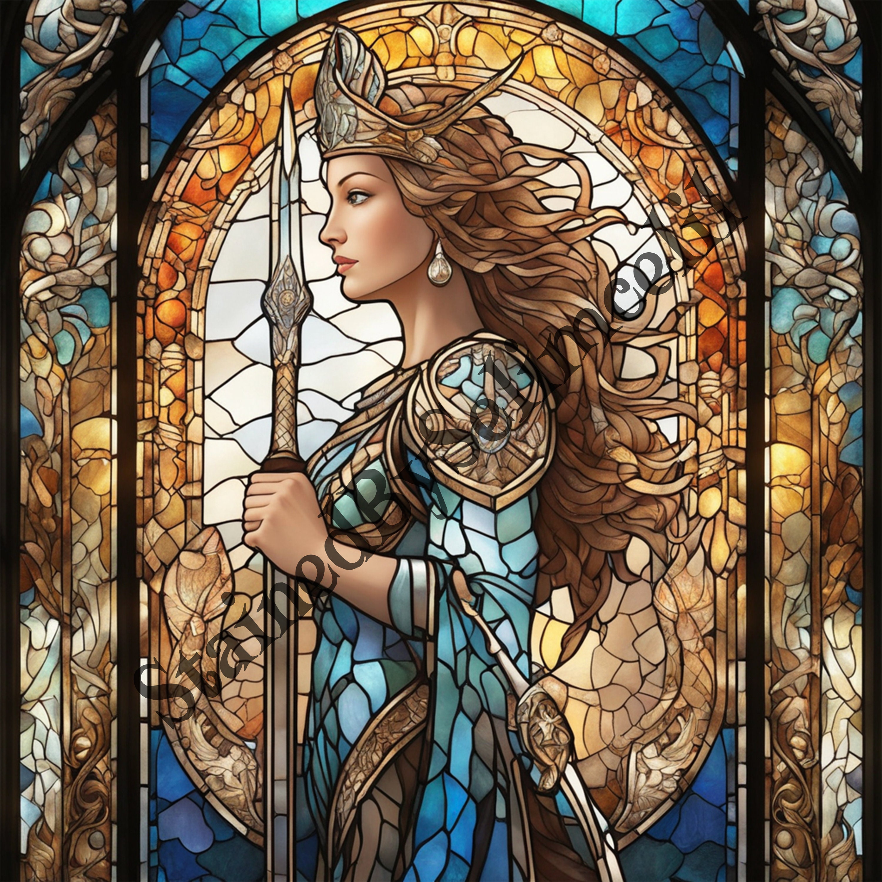 Goddess Warrior Stained Glass Template, Stained Glass Pattern, JPG ...