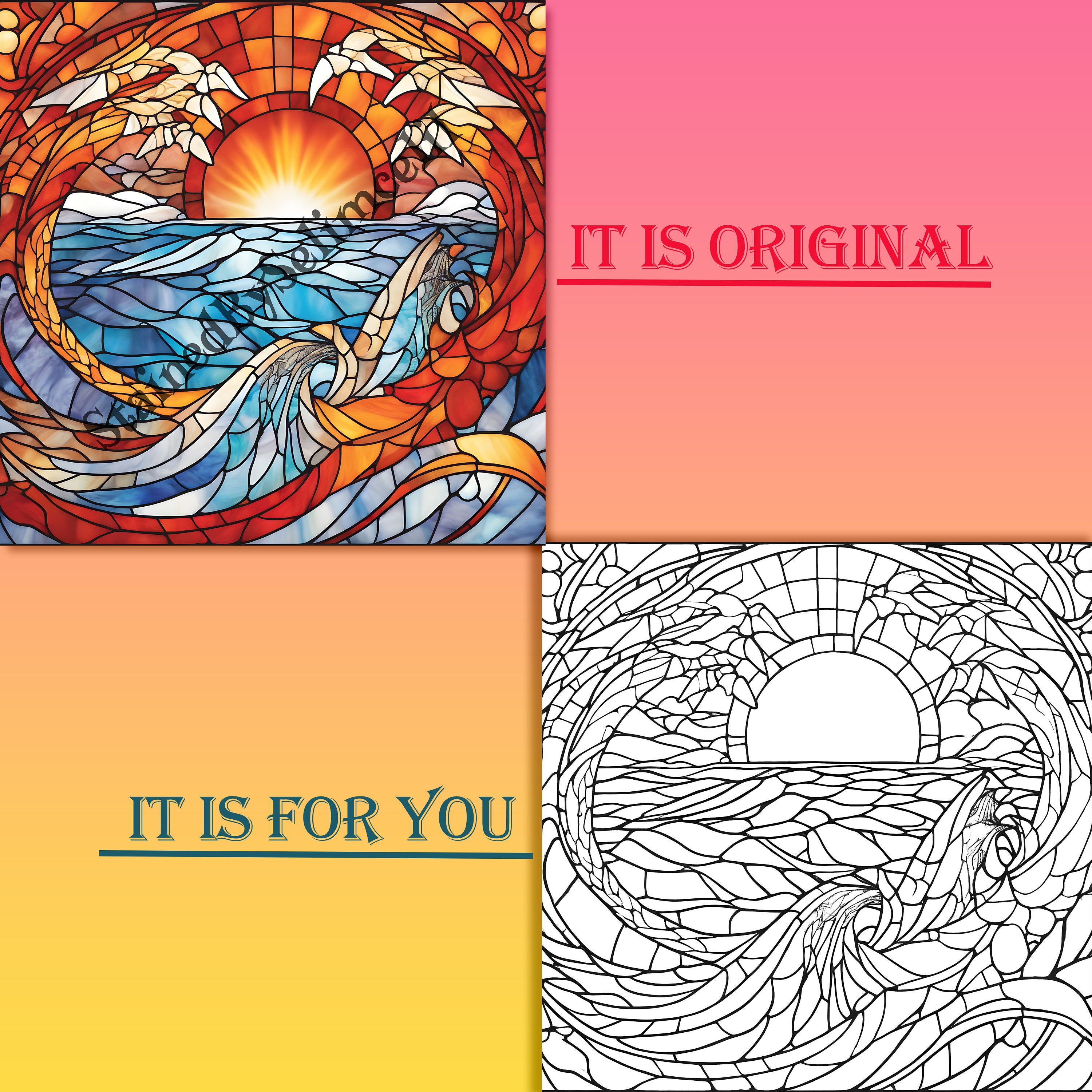 Wave and Sun Stained Glass Template, Stained Glass Pattern, JPG Format ...