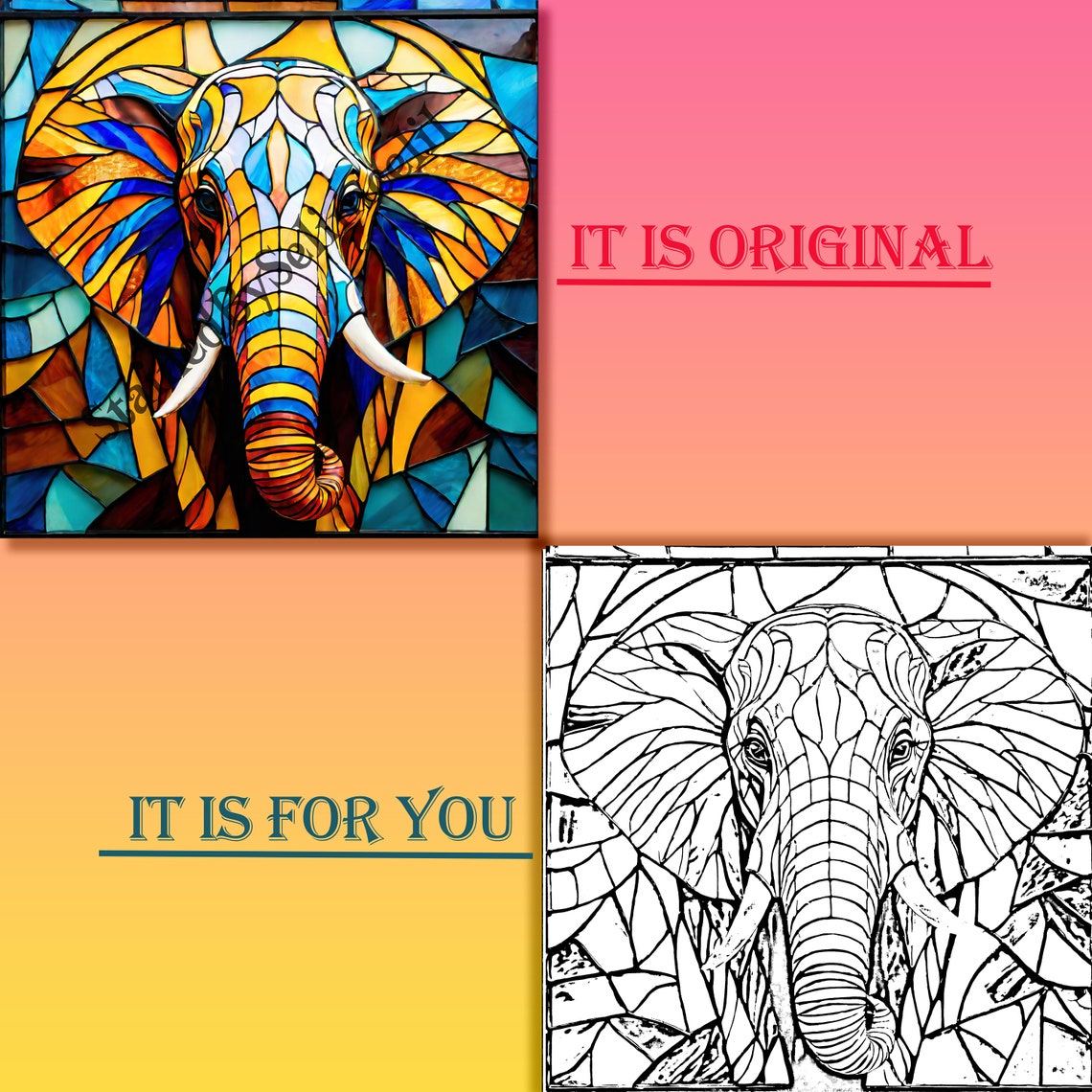 Elephant Stained Glass Pattern: Colorful Mosaic Design (JPG Digital ...