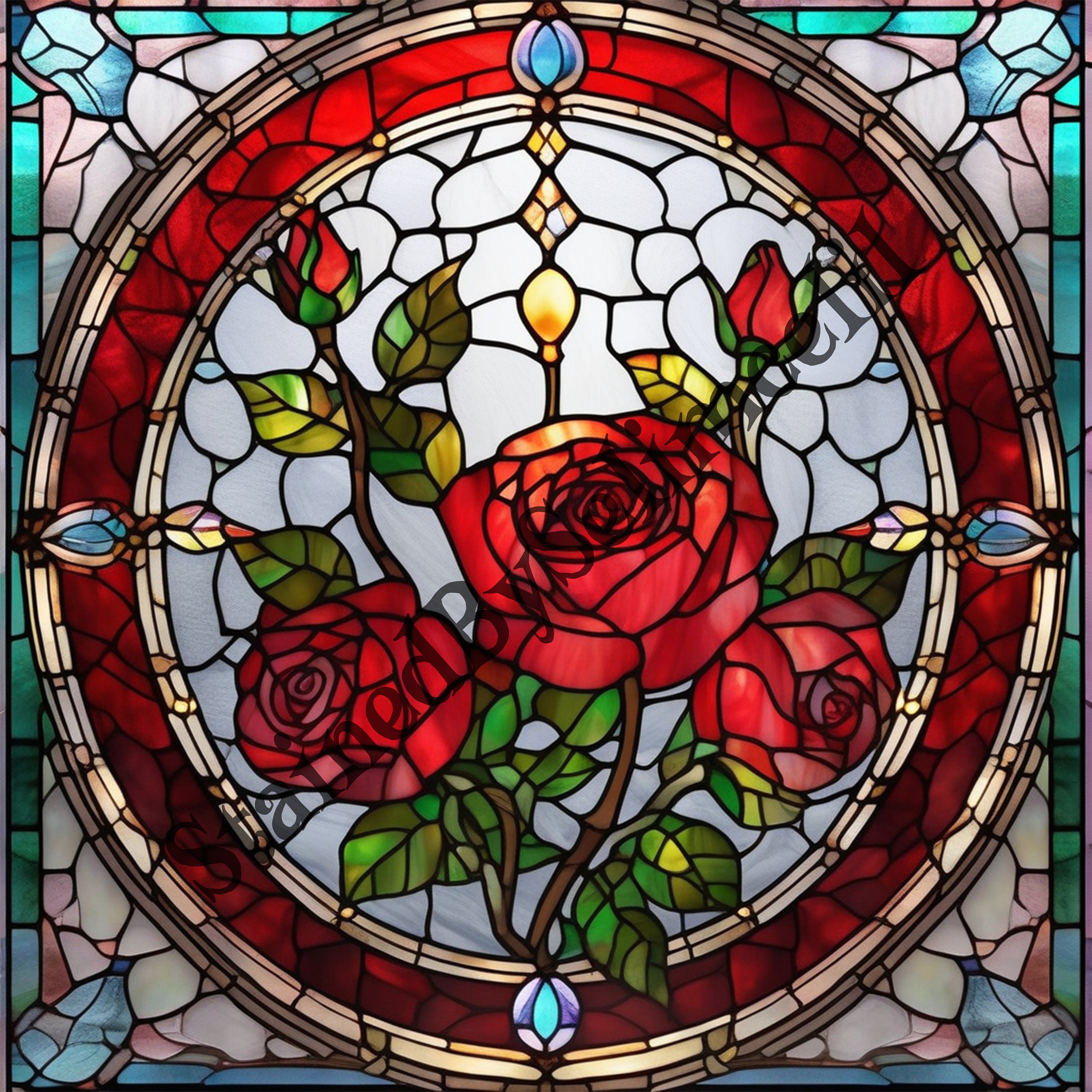 Red Roses Stained Glass Template, Stained Glass Pattern, JPG Format ...
