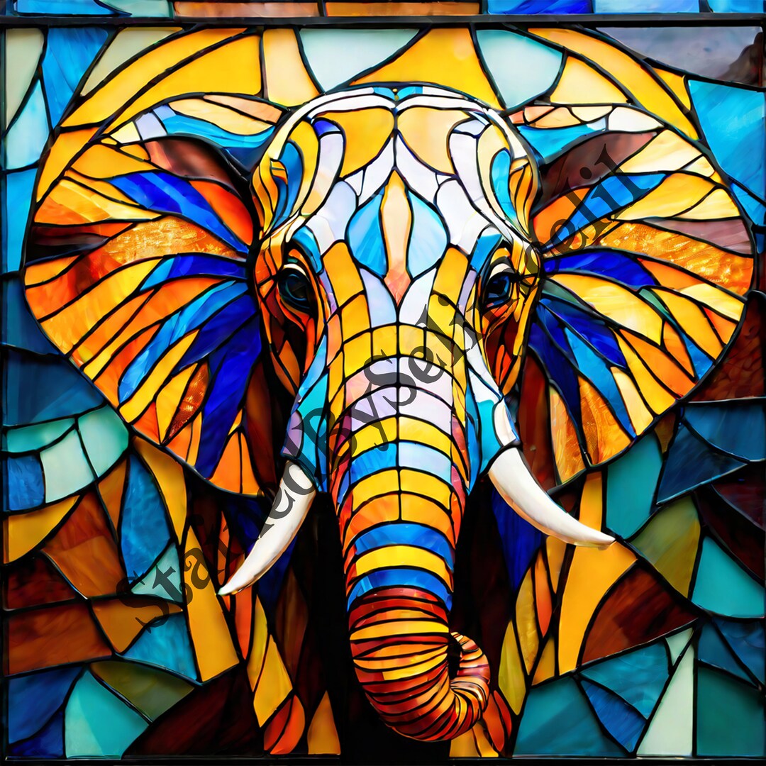 Elephant Stained Glass Pattern: Colorful Mosaic Design (JPG Digital ...