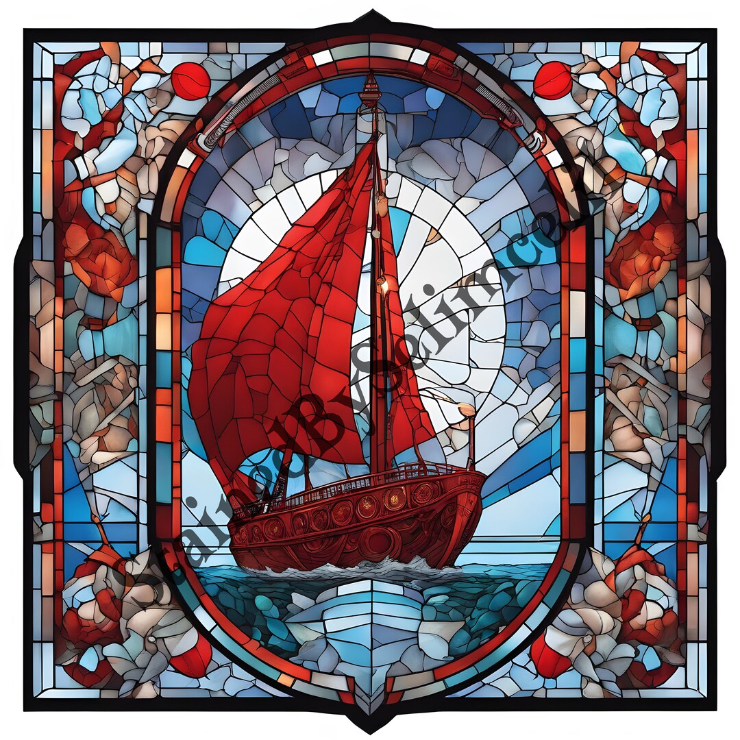 Red Ship Stained Glass Template, Stained Glass Pattern, JPG Format ...
