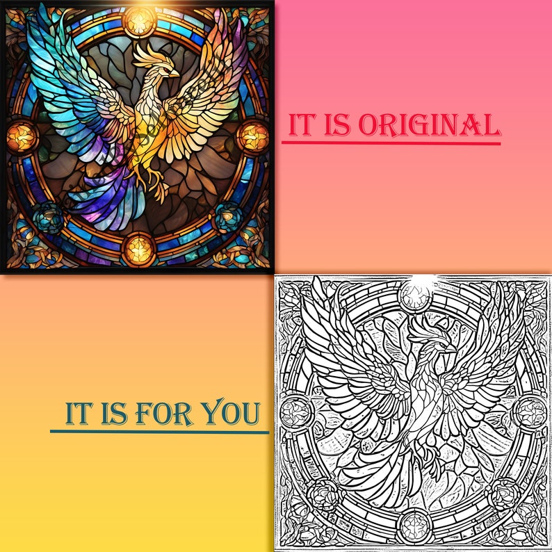 Phoenix Stained Glass Pattern: Colorful Bird Template (JPG Digital ...