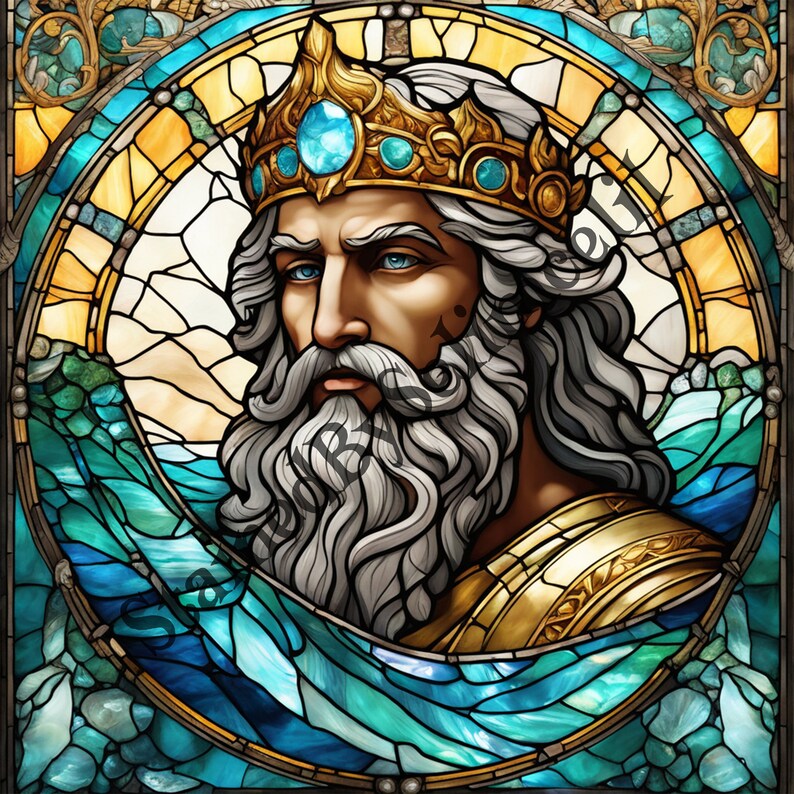Poseidon Stained Glass Template, Stained Glass Pattern, JPG Format ...