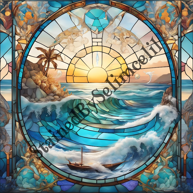 Ocean Stained Glass Template, Stained Glass Pattern, JPG Format ...