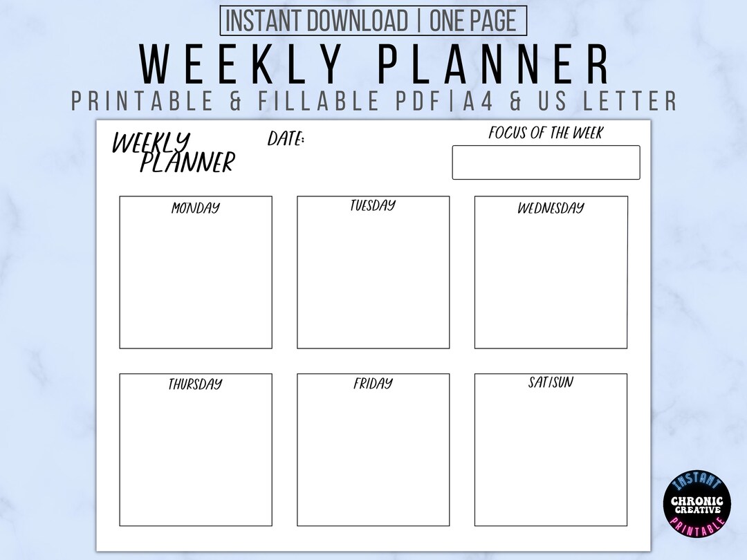 Weekly Planner Printable Landscape, Simple Weekly Organizer, Week at ...