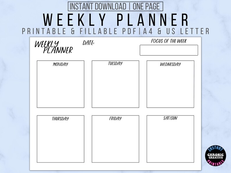 Weekly Planner Printable Landscape, Simple Weekly Organizer, Week at ...