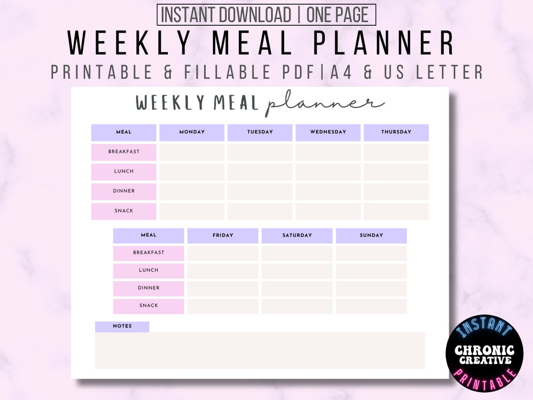Weekly Meal Planner Printable, Weekly Meal Prep Printable, Digital Meal ...