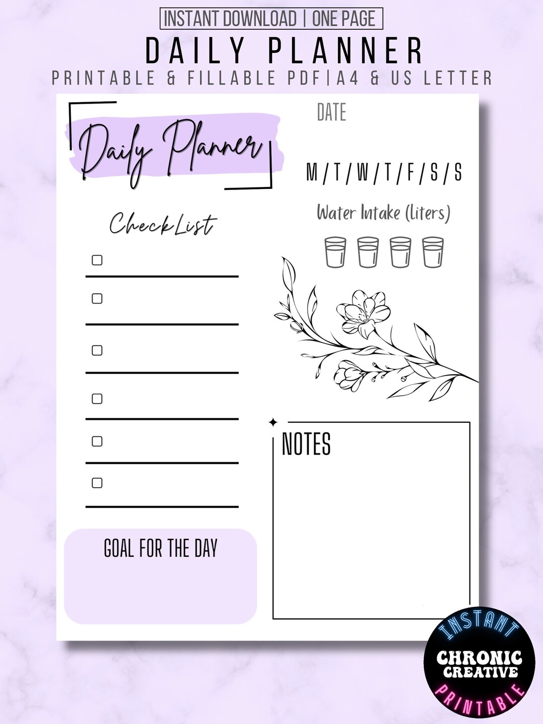 Daily Planner Printable, Cute Daily Planner, Goal Checklist, Notes, to ...