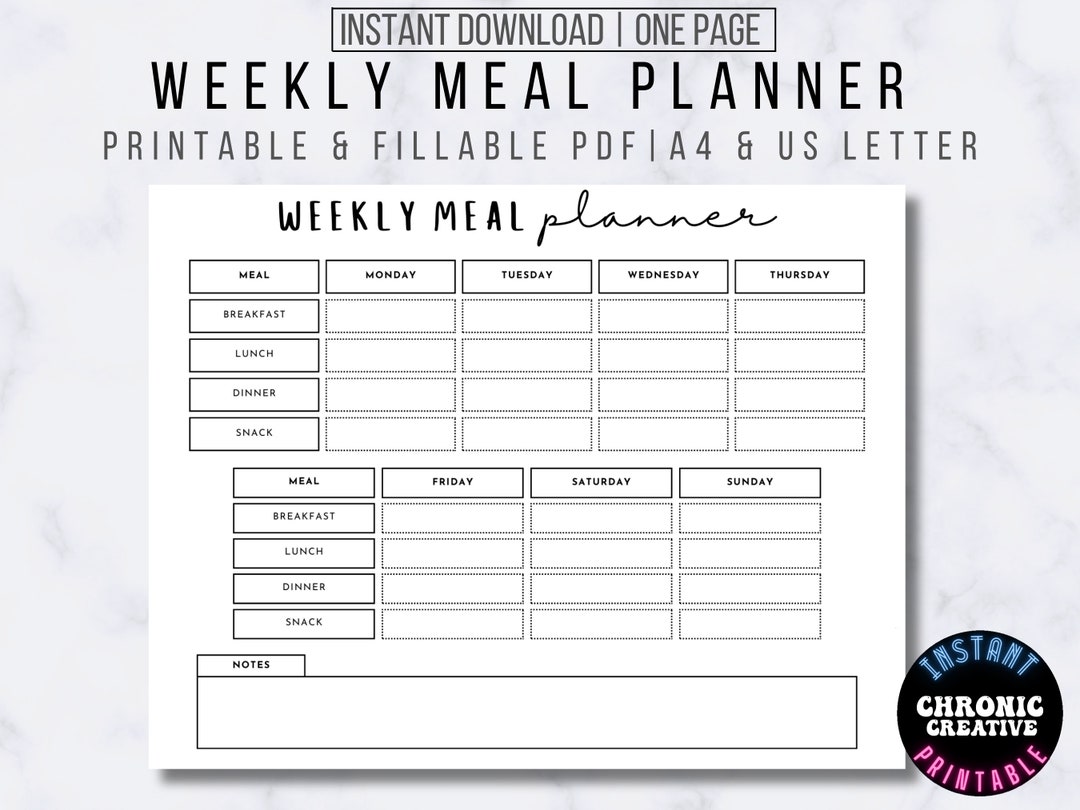 Simple Weekly Meal Planner Printable, Digital Meal Tracker ...