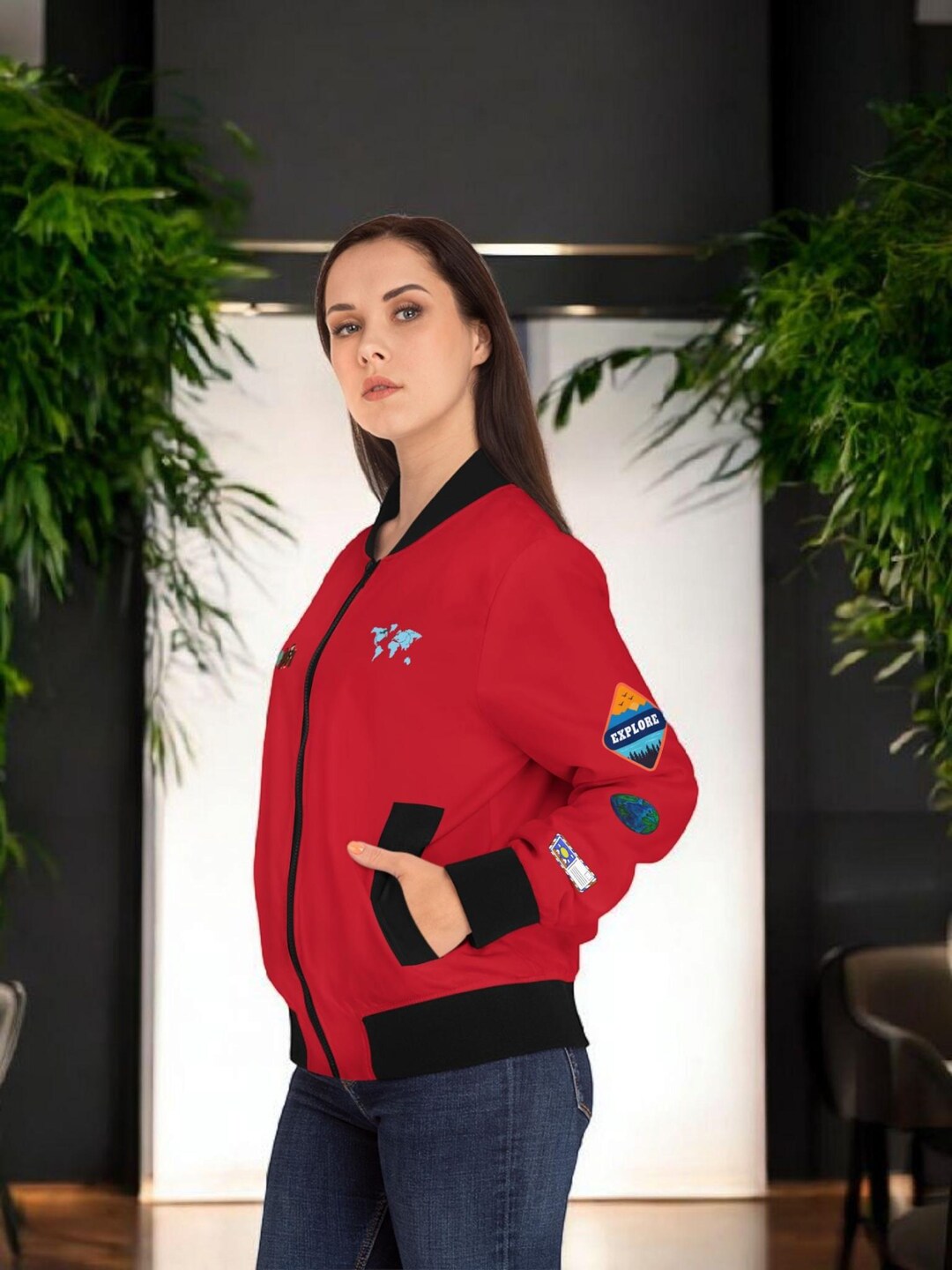 Explorer Themed Graphic Women's Bomber Jacket - Travel Enthusiast Vacation Mode Outerwear ...