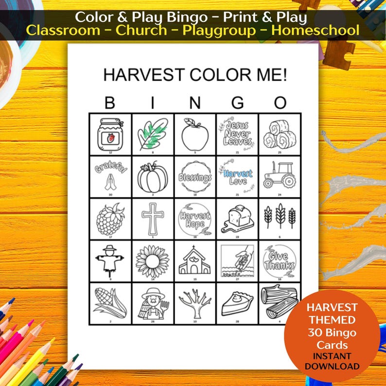 Harvest Bingo, Printable Game,for Sunday School,classroom Activity ...
