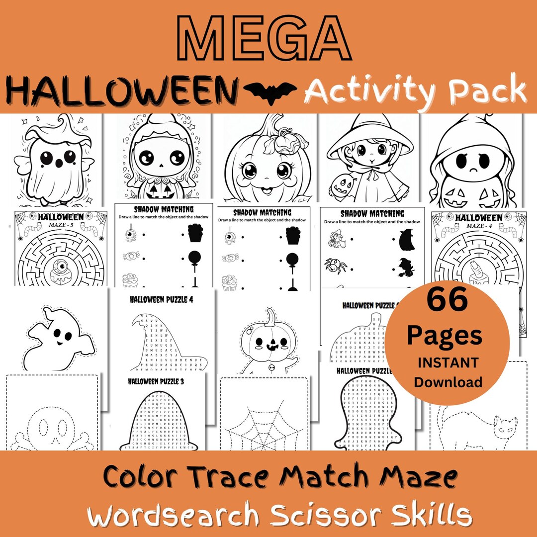 Halloween Activity Pack, Tracing Coloring, Wordsearch Printable Bundle ...