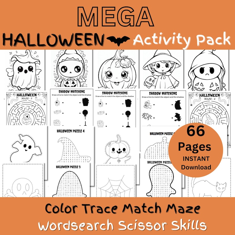 Halloween Activity Pack, Tracing Coloring, Wordsearch Printable Bundle ...