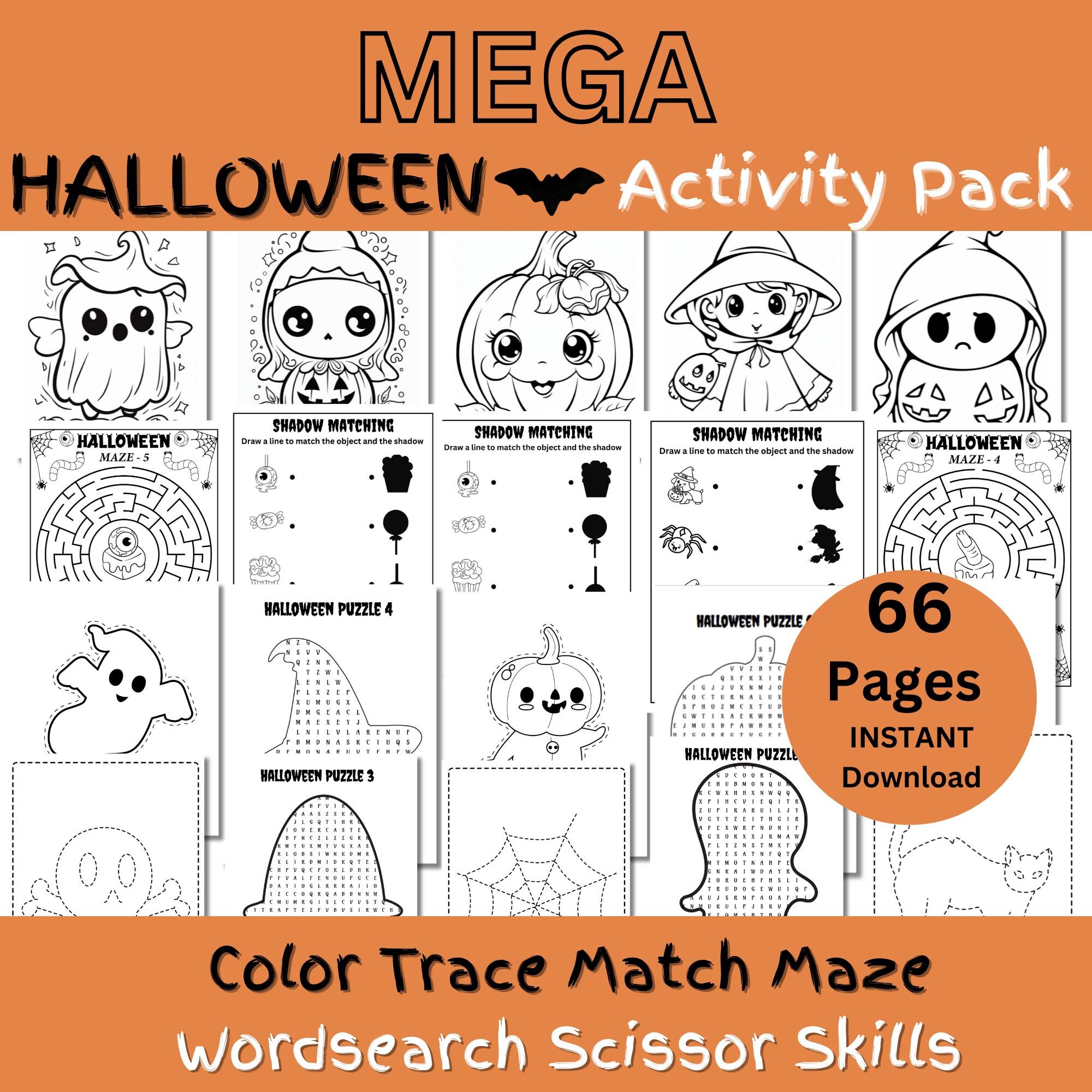 Halloween Activity Pack, Tracing Coloring, Wordsearch Printable Bundle ...