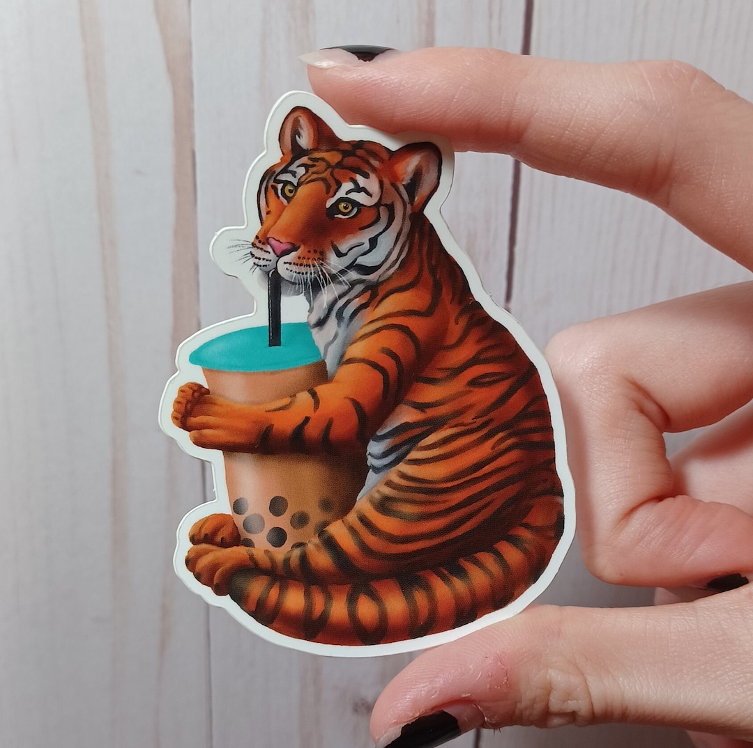 Tiger Drinking Boba Cute Animal Furry Vinyl Sticker - Etsy